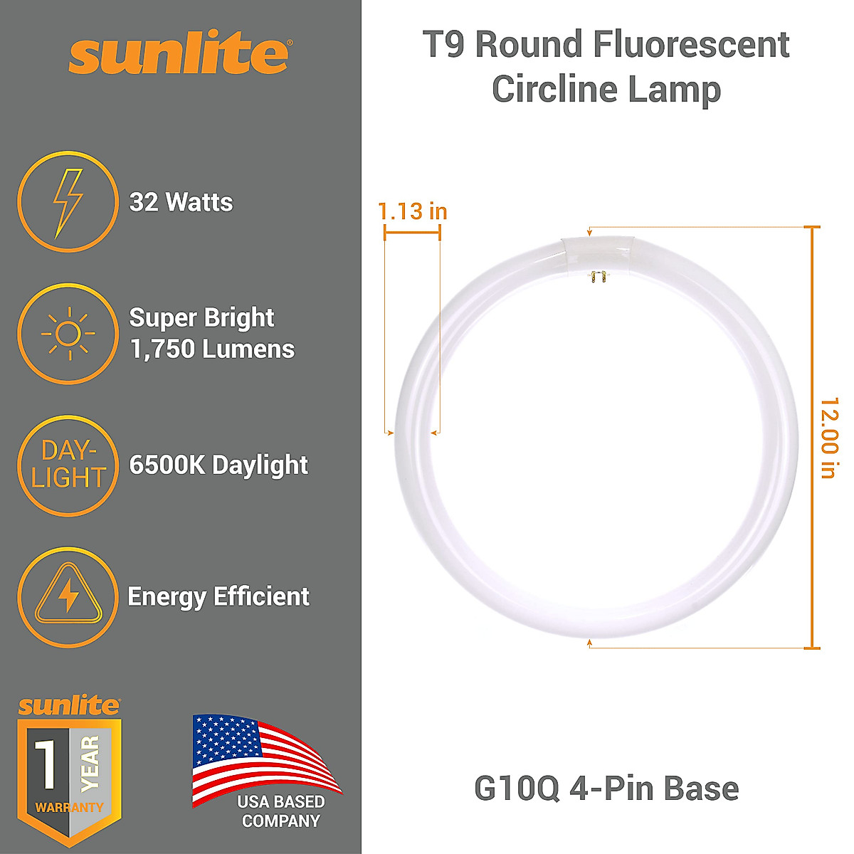 Sunlite FC12T9/DL T9 Round Fluorescent Circline Lamp, 32 Watts, 1750 Lumens, 6500K Daylight, RoHS Compliant, G10Q 4-Pin Base, 1 Pack