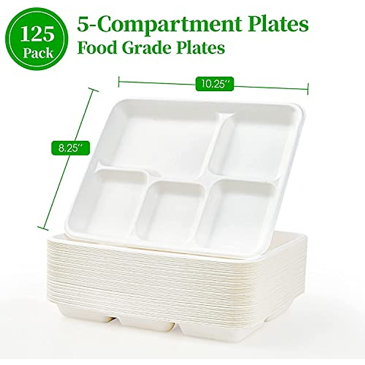 Leafarms 100% Compostable 10x8 / 5 Cp Tray [125-Pack], Heavy Duty Eco-Friendly Dinner Plates Disposable I Biodegradable Unbleached Sugarcane Eco Trays - (Color - White)