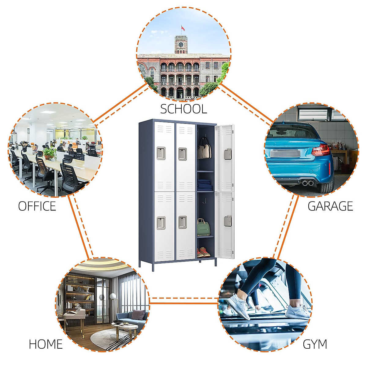 Aobabo Metal Office Storage Lockers, 6 Lockable Door Locker Cabinet, 72" H Tall Storage for Employee,Gym,Home,School, Gray White, Assembly Required