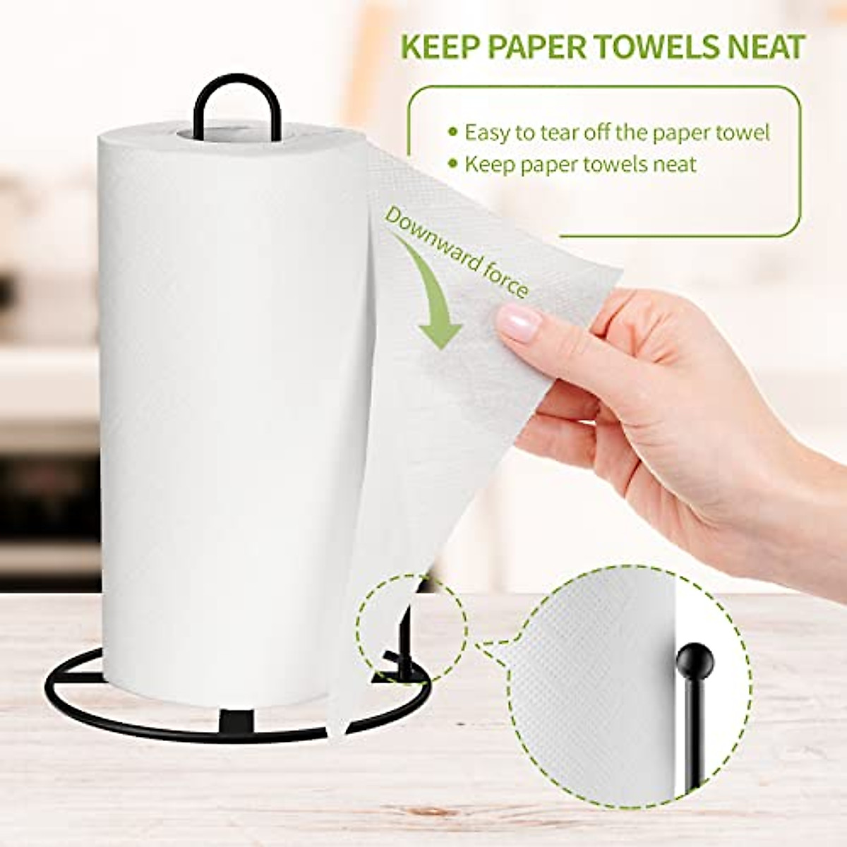 Black Paper Towel Holder Countertop Stand - Standing Modern Paper Towel Holders for Kitchen Standard and Large Size Rolls