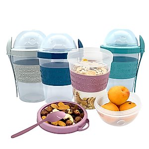 QUASLEQ 4-Pack Yogurt Parfait Cups with Lids and Spoons, Reusable Yogurt Containers for On-the-Go, Portable Yogurt Cups with Topping Storage, Ideal for Oatmeal and Breakfast Prep (20 Oz New Mix Color)