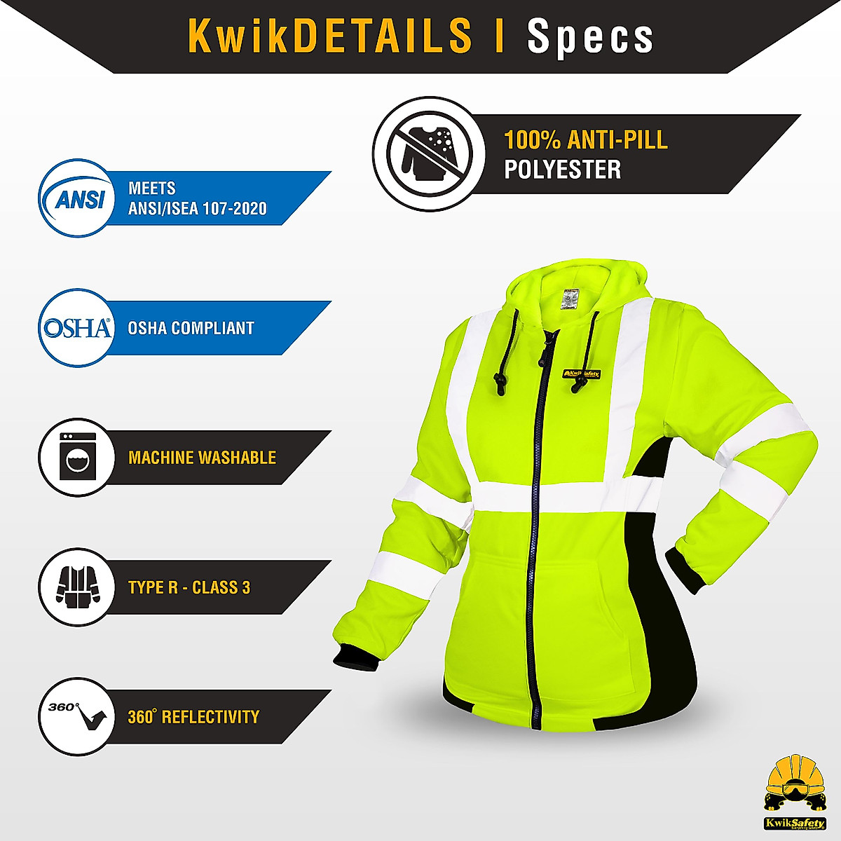 KwikSafety - Charlotte, NC - ROGUE Safety Jacket for Women [NO FUZZ BALLS] Class 3 ANSI OSHA Reflective Hi Vis Womens Fleece Hoodie/Yellow Medium