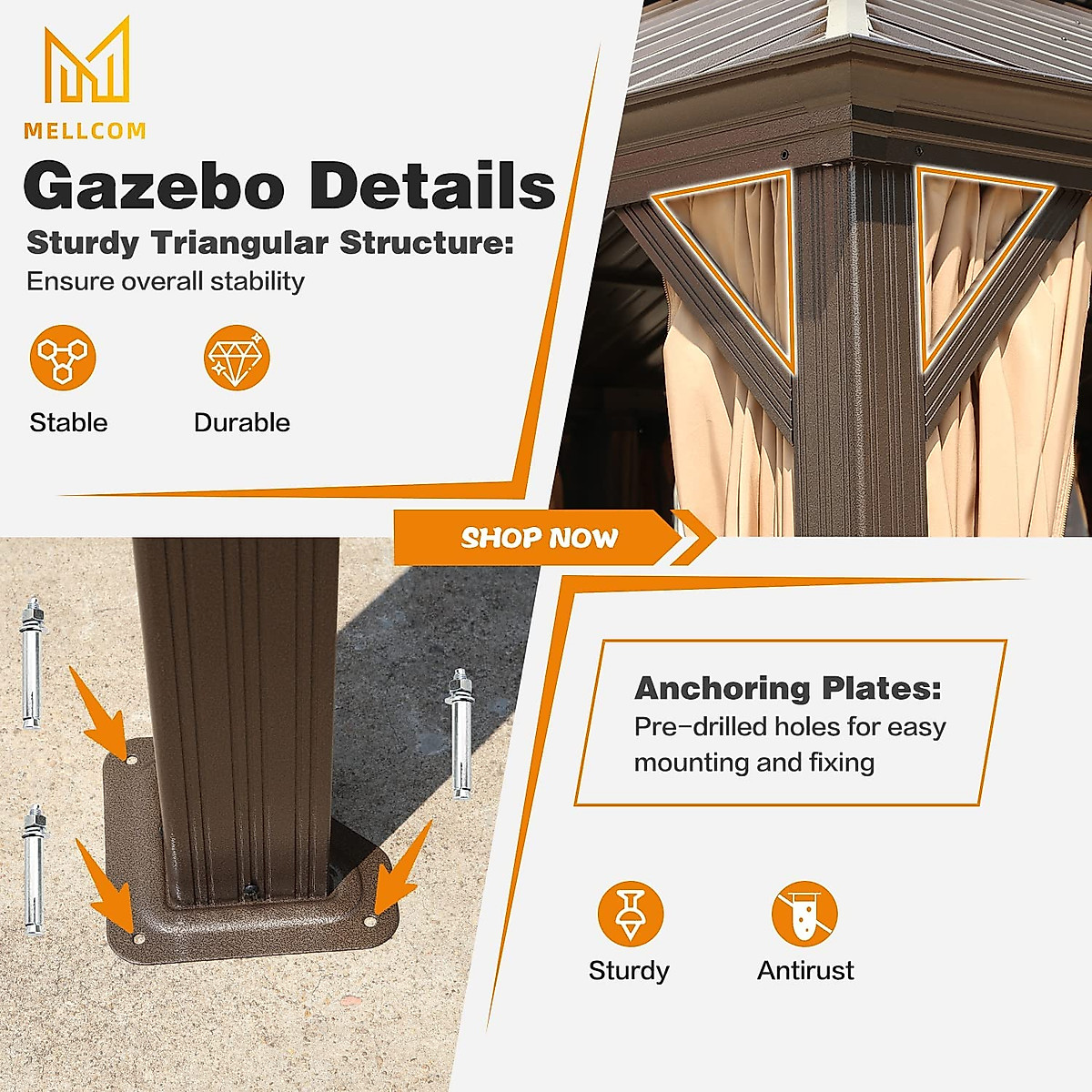 MELLCOM 14'x20' Galvanized Steel Hardtop Gazebo, Aluminum Frame Metal Outdoor Gazebo with Double Roof and Netting and Curtains for Patio Lawn Garden Brown