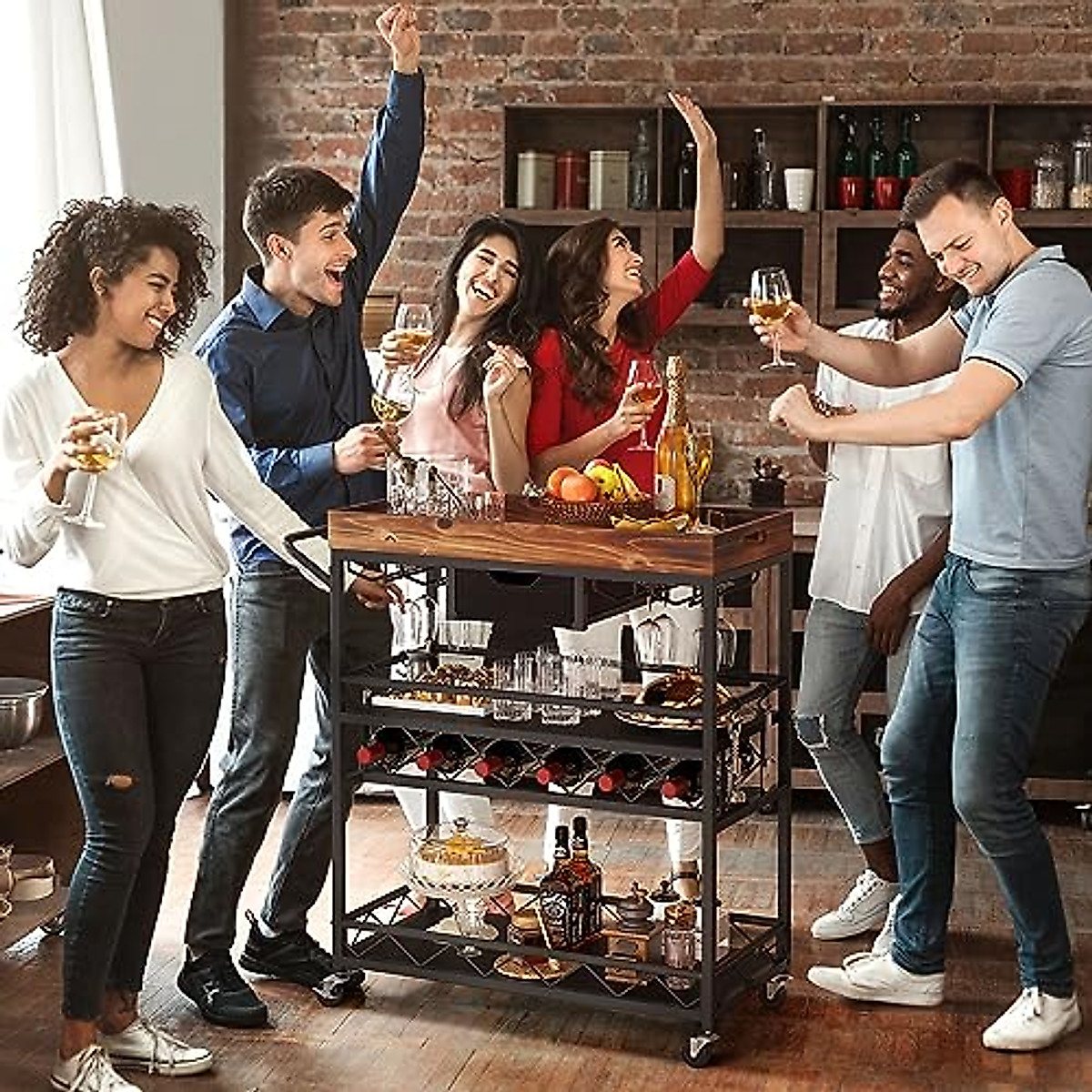 YITAHOME Industrial Bar Carts for The Home, Mobile Wine Serving Bar Cart on Wheels with Removable Wood Top Tray, 3 Tier Kitchen Cart Outdoor Mini Bar Home Bar with Drawer Wine Rack Glass Holder