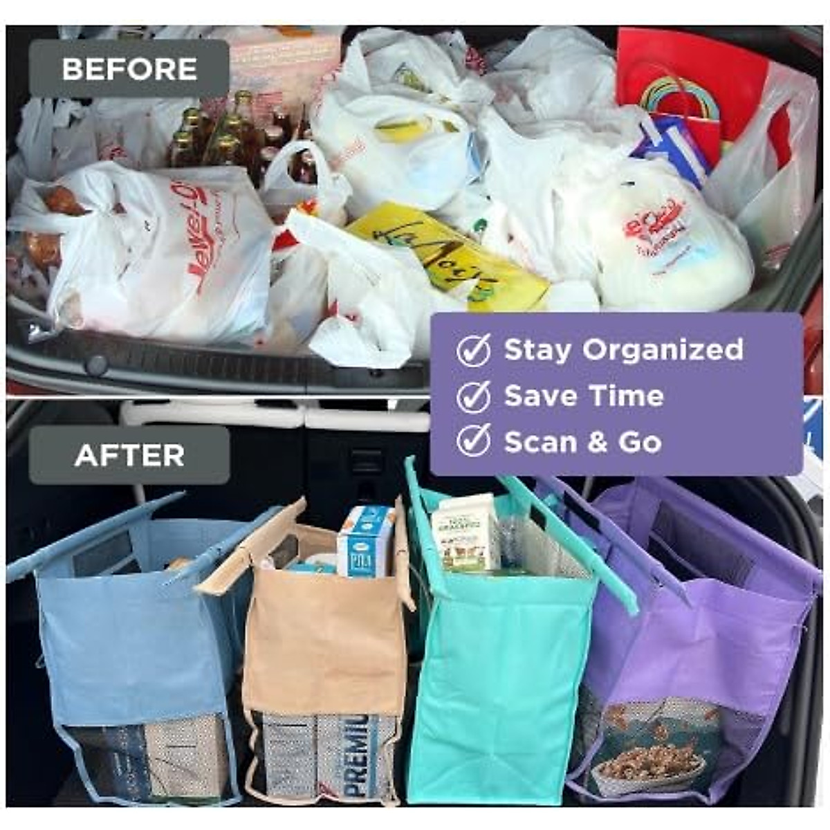 Lotus Trolley Bags -set of 4 -w/LRG COOLER Bag & Egg/Wine holder! Reusable Grocery Cart Bags sized for USA. Eco-friendly 4-Bag Grocery Tote. (Purple, Turquoise, Blue, Brown,)