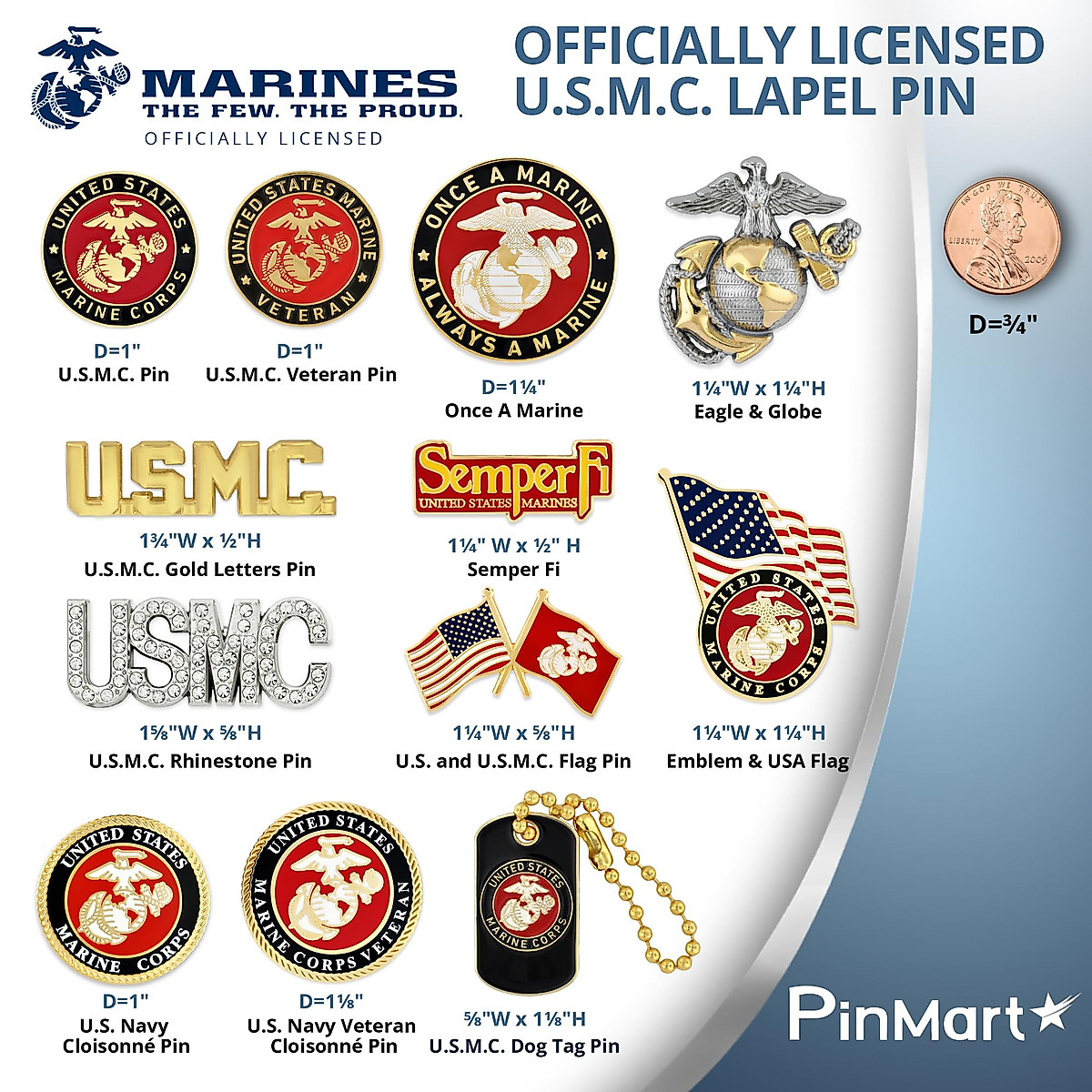 PinMart Officially Licensed U.S.M.C. Veteran 4-Piece Lapel Pin – Military Insignia United States Marine Corps Logo Pins – Gold Plated Enamel Brooch with Secure Clutch Back