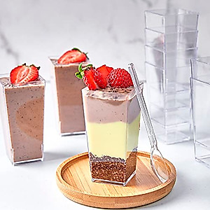 TOFLEN 50 Pack 3 oz Mini Dessert Cups with Spoons, Square Tall Clear Plastic Dessert Shooters Party Serving Tumbler Cups for Parfait Appetizers & Dessert Shot Glasses