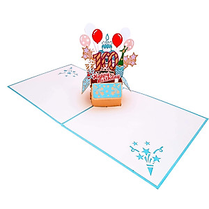 iGifts And Cards Happy 100th Blue Birthday Party Box 3D Pop Up Greeting Card – Someone Turning 100, Hundred, Awesome, Balloons, Unique, Celebration, Feliz Cumpleaños, Fun, Mom, Dad
