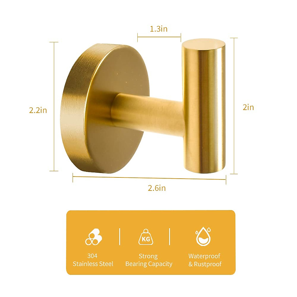 Vuzvuv 2 Pack Gold Towel Hook for Wall Modern Bathroom Kitchen Coat Robe Clothes Hook for Wall Holder Waterproof Brushed Gold SUS304 Stainless Steel Hooks