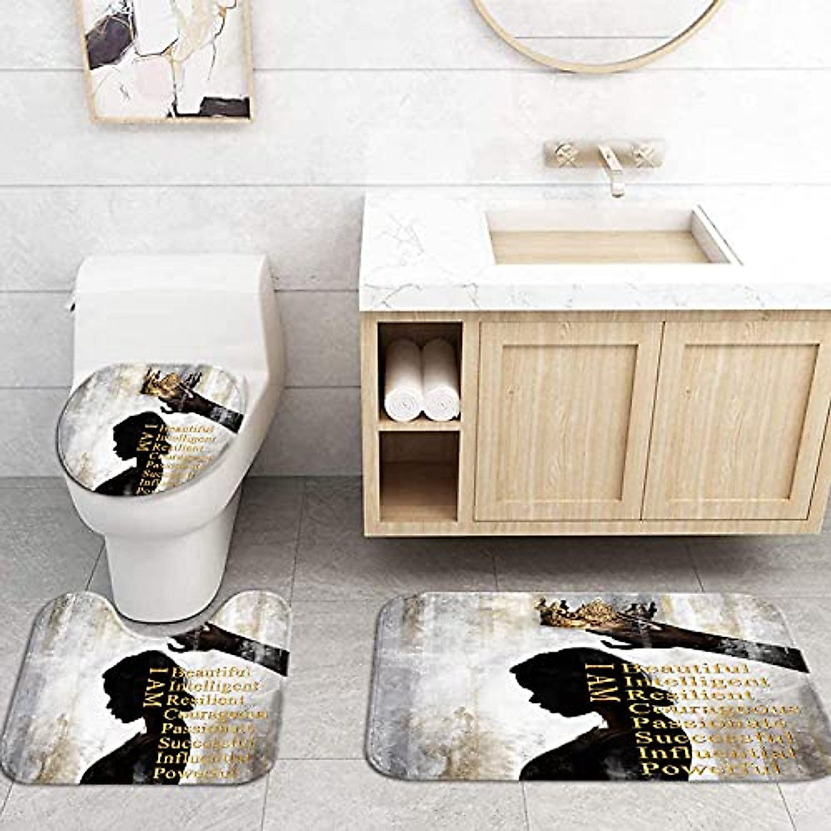 SiMiWOW African American Black Girl with Gold Crown Motivational Shower Curtain Set with Rugs Girls Bathroom Decor Curtain with Mats, Set of 4