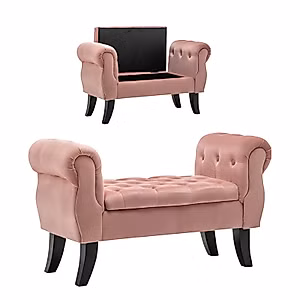 Setawix Rolled Arm Bed Bench with Storage Velvet Cushioned Bedroom Ottoman Benches End of Bed,Armed Entryway Window Seating Bench with Solid Wood Legs,Button Tufted (Pink)