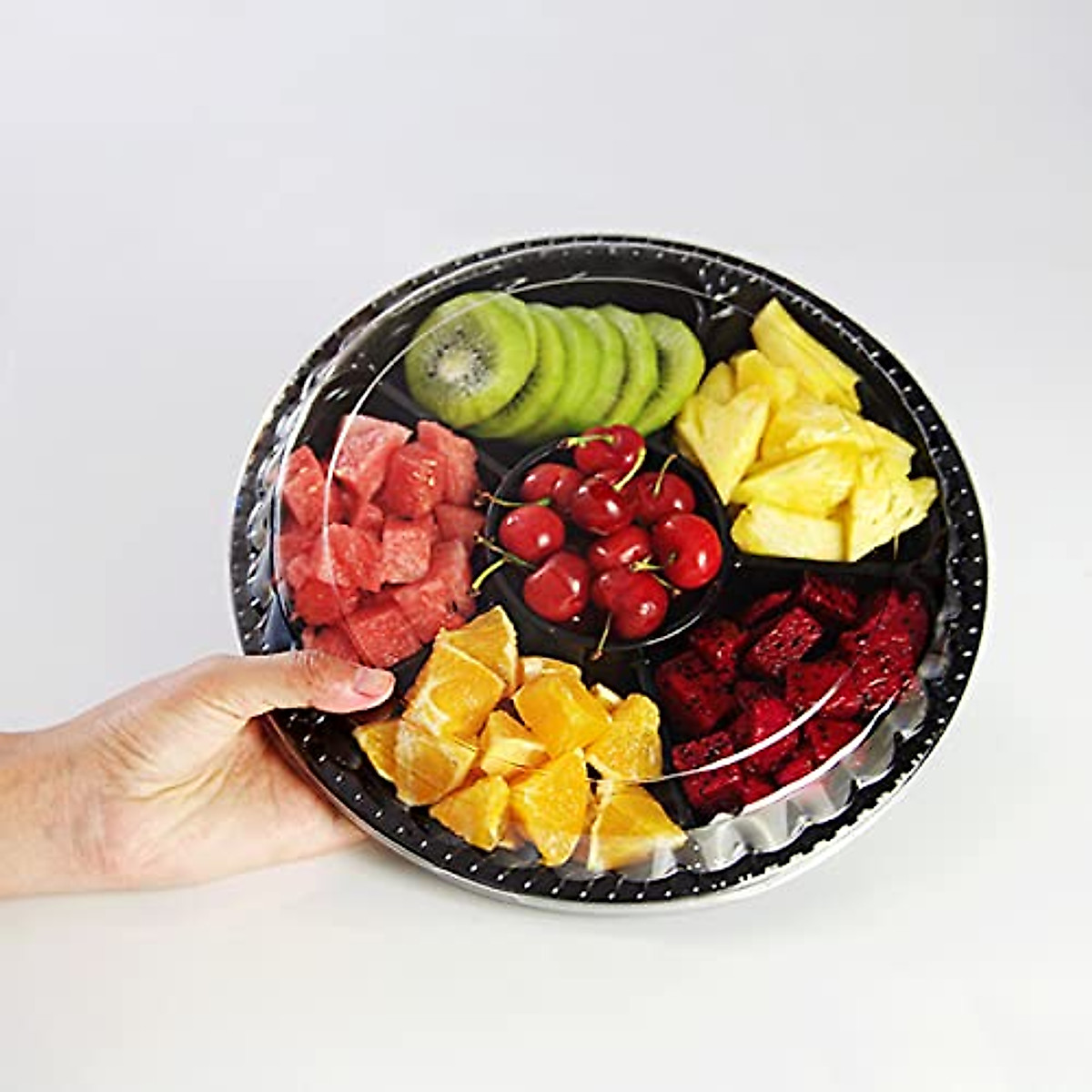 Lyellfe 30 Pack Plastic Appetizer Tray with Lid, Disposable Fruit Veggie Tray with 6 Compartment, 10.5 Inch Heavy Duty Snack Serving Platter Container for Salad, Nut, Olive, Party
