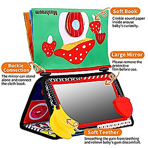 Baby Tummy Time Toys 0-6 6-12 Months Newborn Infant Mirror Toys with Sensory Crinkle Books and Teethers, Black and White High Contrast Baby Toys, Montessori Crawling Toys for Boys Girls 0 3 6 12 Month