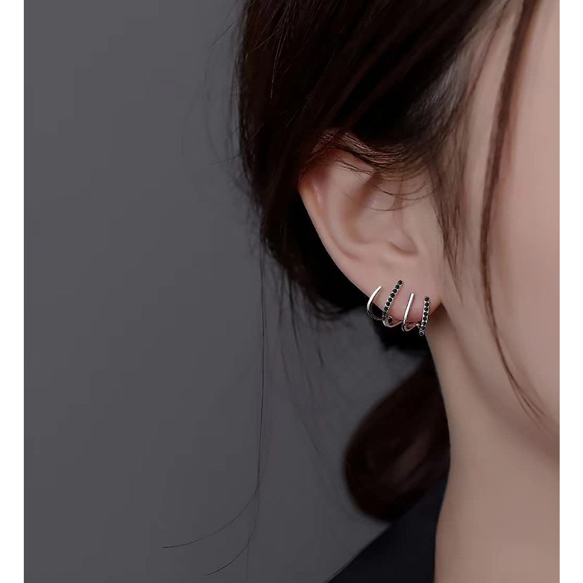 SLUYNZ 925 Sterling Silver Color CZ Cuff Earrings Studs for Women Claw Huggie Earrings Piercings Wrap (D-Black)