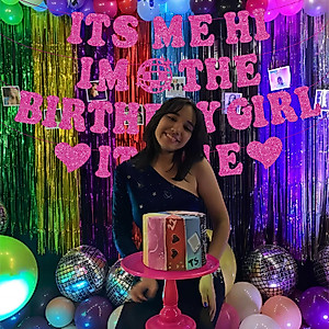 Pre-Strung Its Me Hi Im the Birthday Girl Its Me Banner, NO-DIY Popular Singer Happy Birthday Banner Hot Pink Glitter Birthday Decorations Banner for Fans Girls Women Birthday Party
