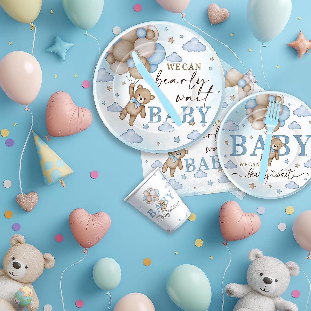 Suhelkit Bear Baby Shower Decorations Tableware - We Can Bearly Wait Baby Shower Decorations Boy, Paper Plate, Napkin, Cup, Cutlery, Tablecloth, Blue Teddy Bear Baby Shower Party Supplies | 24 Guests
