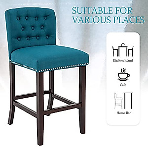 Brage Living 28 Inch Bar Stool, Linen Fabric Button Tufted Barstool with Back, Solid Wood Legs, Nailhead Trim, Upholstered Armless Bar Chair for Kitchen Dining Cafe (Lake Blue)