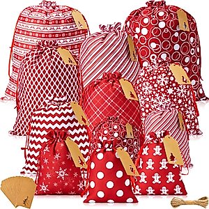 12 Pcs Christmas Fabric Gift Bags with Drawstring, Red and White Christmas Gift Bags Reusable Fabric Bags Gift Wrap Bags and 12 Kraft Tags for Xmas Gift Birthday Wedding Party Favors (Snowflake)