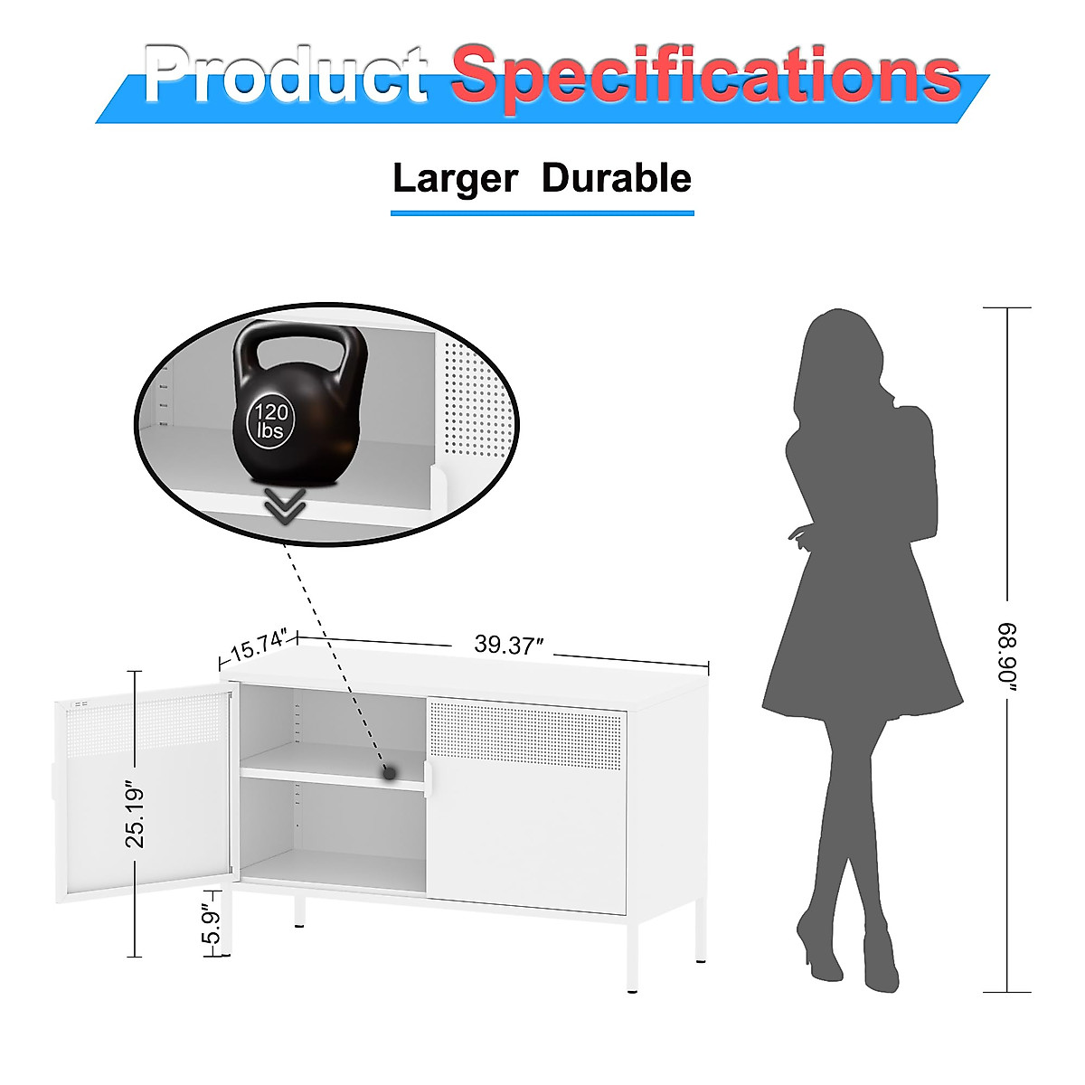 Washsemba 2 Door Metal Accent Cabinet,White Metal Storage Cabinet with Adjustable Shelf,2-Tier Office Cabinet,Multipurpose Metal Locker Storage Cabinet for Office Home(White, 25''H)