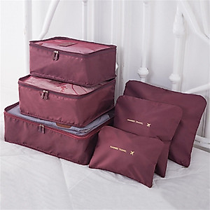 Storage Bags with Shoe Travel Cubes Carry on Packing Luggage Set 6 Organizers Portable Housekepping Packing Room Organizers Boxes for Car Travel Outside Moving Laundry(Burgundy)