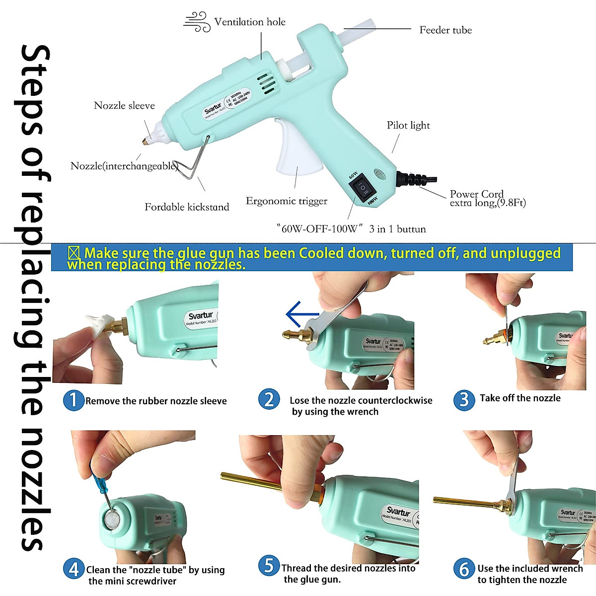 Full Size Hot Glue Gun Kit with 60W/100W/OFF Switch, 9.8ft Extra-long Power Cord Industrial Glue Gun with 2 Nozzles, 15 Glue Sticks, Case, Dual Power High Temp Hot Melt Glue Gun Large for Craft, Green