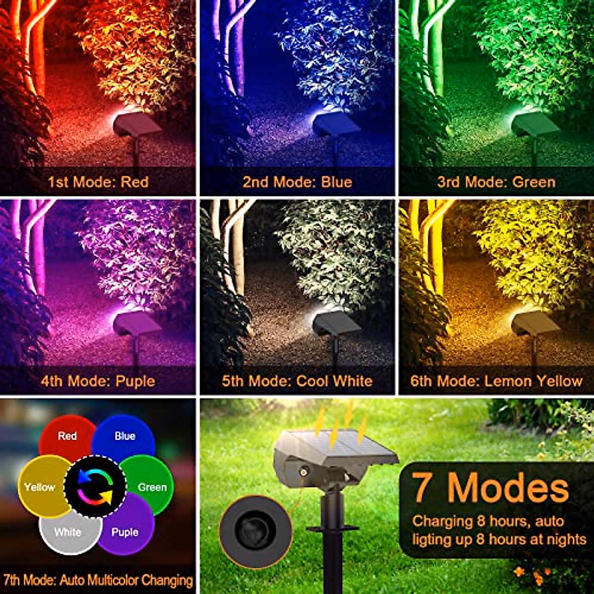 Solar Spot Lights Outdoor Color Changing, [7 Modes/6 Pack] Christmas IP65 Waterproof Landscape Spotlights, Dusk to Dawn Solar Powered Security Light for Patio Gate Walkway Pool Garden Yard Driveway