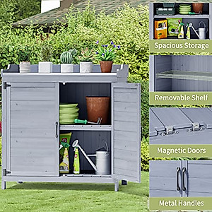 Gizoon Outdoor Potting Bench with Metal Tabletop, Double Doors Garden Potting Table with Adjustable Shelf, Wooden Planting Table Potting Stand for Backyard, Patio, Lawn -Grey