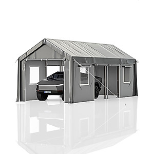GarveeLife 13'x25'x11' Carport Oversized, Portable Garage with 180g PE Tarps, 19 Gauge Poles, 6 Roll-up Doors, and 4 Mesh Windows, Suitable for Full-Size Pickups Bass Boats, Tractors, and SUVs, Gray