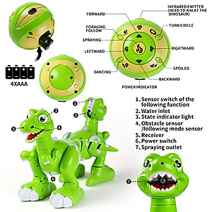 TUUYOOWK Remote Control Dinosaur Toys for Kids 3-5 5-7, Realistic RC Electronic Dinosaur Toy with Water Mist Spray, Rotating, Singing and Dancing, Foraging Mode for Boys Girls