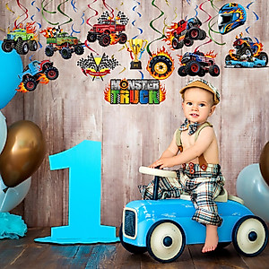 Capoda 54 Pieces Monster Truck Hanging Foil Swirls Truck Birthday Party Decoration Set Truck Theme Paper Hanging Cutouts for Boys Car Transportation Party Supplies Baby Shower Home Wall Ceiling Decor
