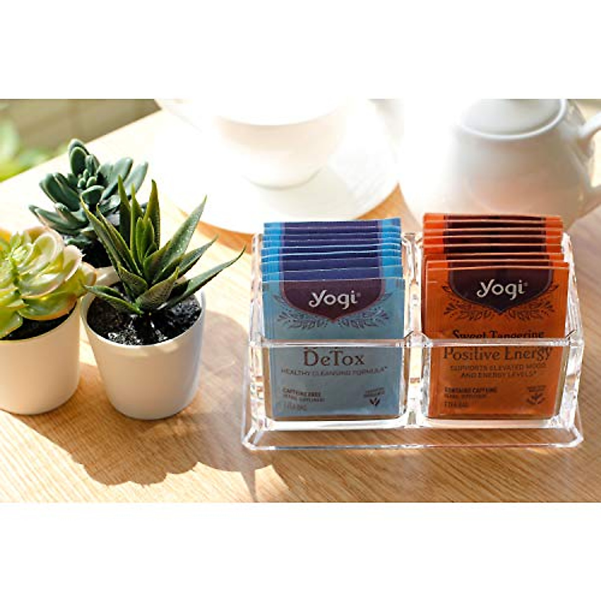 Oak Savanna Tea Bag Organizer Holder Caddy Small for Sugar Packet Coffee Condiment Storage Clear Acrylic for Kitchen Pantry Cabinet Airbnb Countertop Tabletop