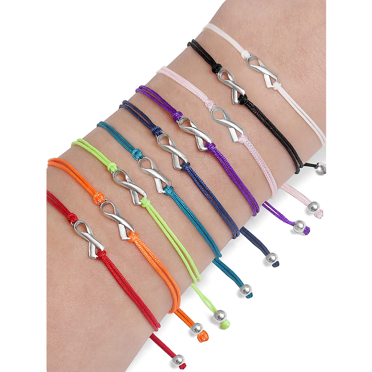 Red Thread Womens Friendship Support Bracelet, Blood Cancer Awareness Month, Small Sterling Silver Ribbon Shaped Charm. Adjustable