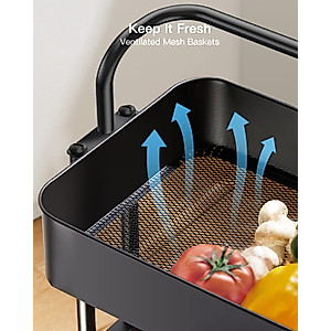 Totnz Rolling Utility Cart, 3-Tier Mesh Organization Cart with Lockable Wheels, Multi-Functional Storage Trolley for Office, Living Room, Kitchen, Laundry, Bathroom Storage, Black (TZUC01B)