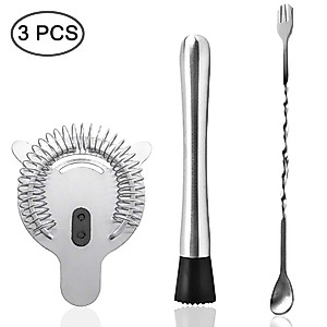 SENHAI Stainless Steel Cocktail Muddler, Spiral Mixing Spoon & 4-Prong Bar Strainer, Home Bar Bartender's Muddling Tool Set