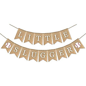 SWYOUN Burlap Little Slugger Banner Boy Baseball Theme Party Supplies Baby Shower Garland Decoration