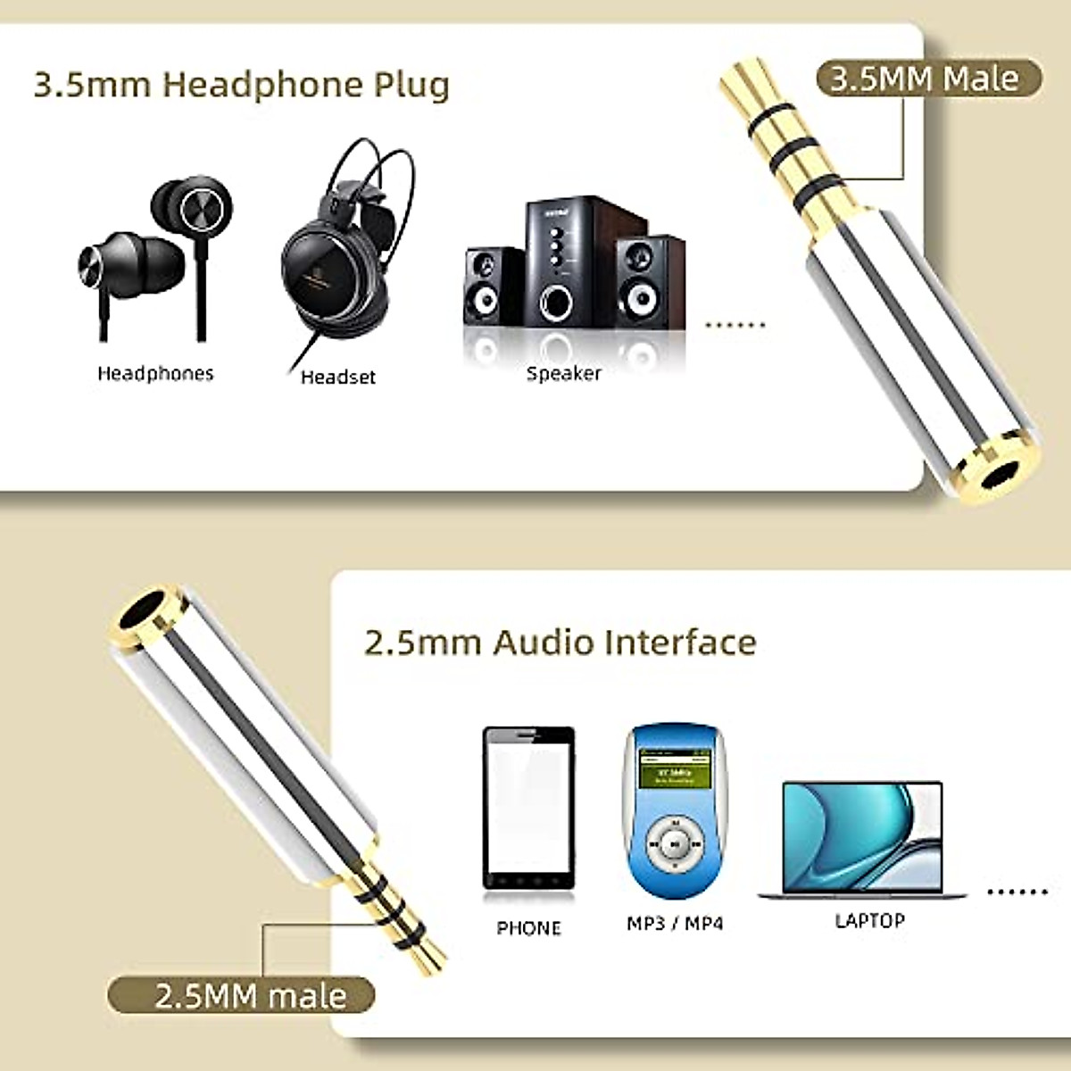 3.5mm Male to 2.5mm Female/2.5mm Male to 3.5mm Female Stereo Audio Adapter, and 3.5mm Male to Male Stereo Audio Connector Gold Plated Compatible for Smartphones, Headphones, Mic, Tablets (3-in-1 Pack)