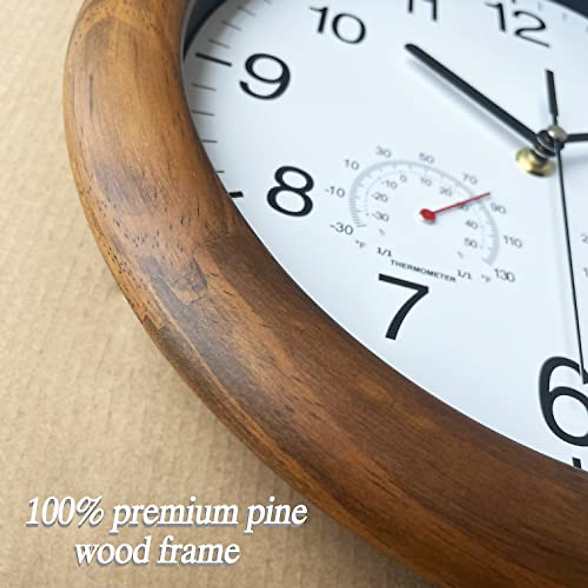 Reynoe Wooden Wall Clock with Temperature and Humidity, 12 Inch Brown, Large Numbers for Room Decor