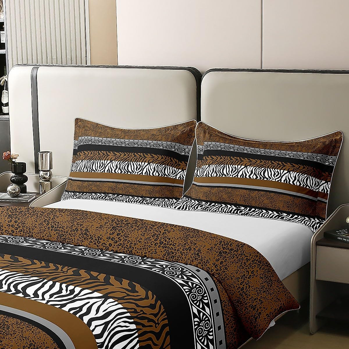 Zebra Texture 100% Natural Cotton Duvet Cover Full Dark Leopard Bedding Set for Kids Youth Adults Rustic Paisley Comforter Cover Bohemian Exotic Brown Bed Sets with 2 Pillowcases Soft