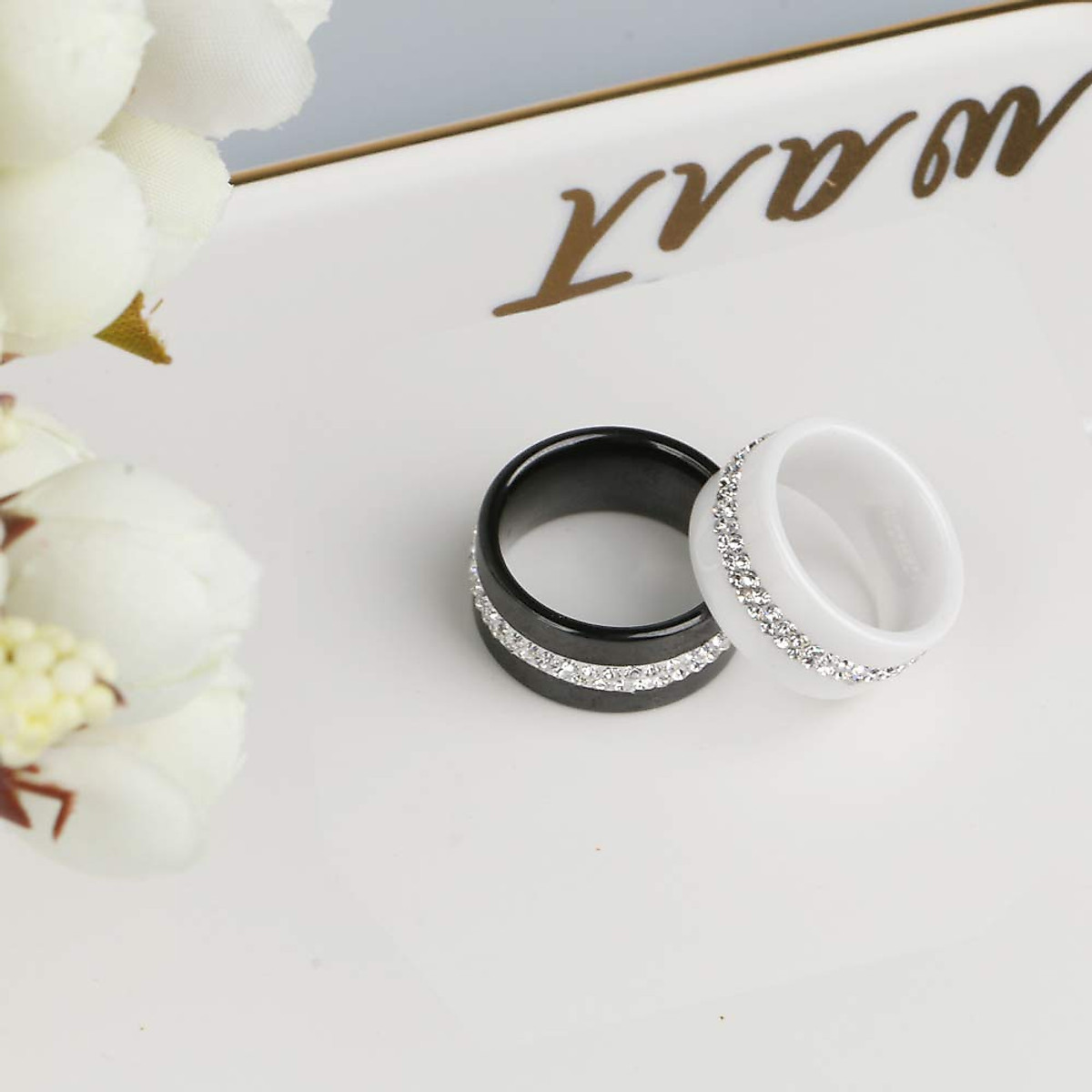 10MM Width Two Row Crystal Women Rings Jewelry Smooth Black White Ceramic Rings Made Of Ceramic Material Fashion Wedding Ring