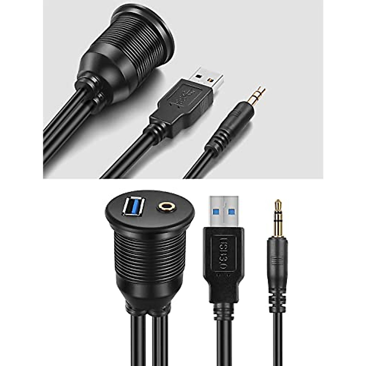 URWOOW USB Flush Mount - 3.5mm & USB 3.0 AUX Extension Mount, Dash Mount, Flush Mount, Panel Mount Cable, for Car, Boat, Motorcycle (2M 6ft)