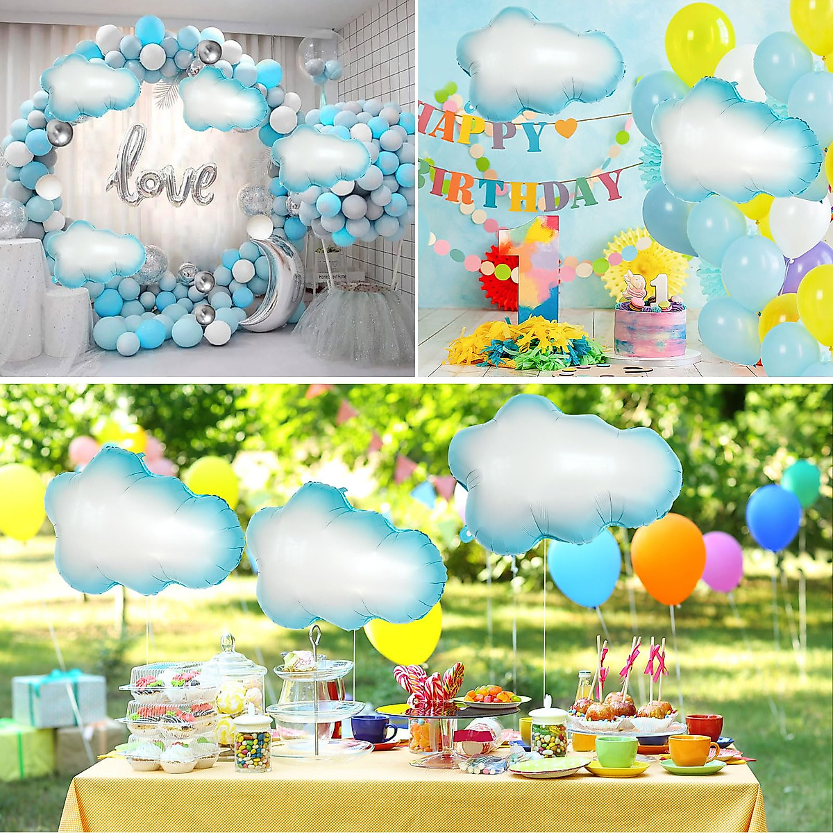 14 Pcs Cloud Balloons, Large White Clouds Foil Mylar Balloons, Happy Cloud Mylar Balloon for Birthday Themed Party Decorations Supplies