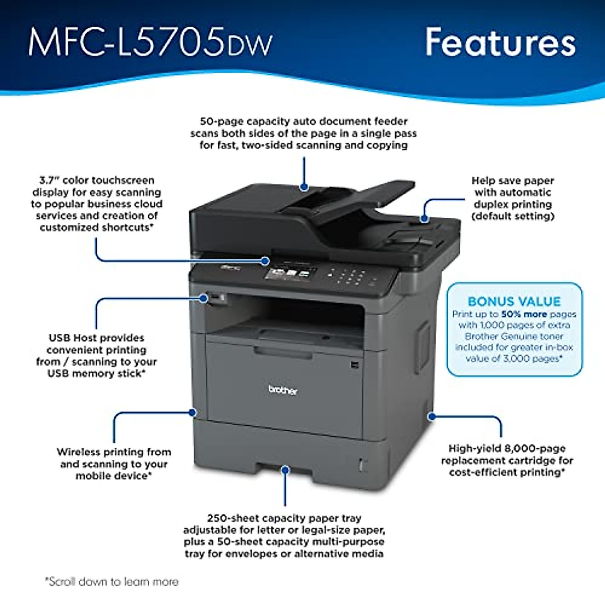 Brother Monochrome Laser All-in-One MFCL5705DW, up to 1,000 Extra Pages of Additional Toner Included in Box‡