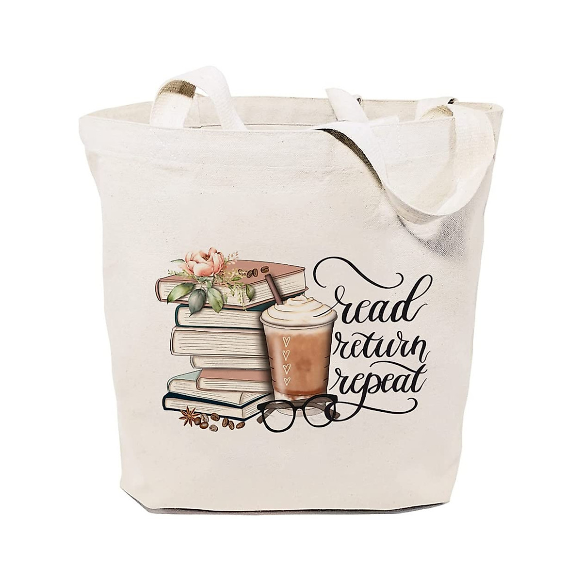 GXVUIS Read Return Repeat Canvas Tote Bag for Women Aesthetic Coffee And Books Lovers Reusable Grocery Shoulder Shopping Bag White