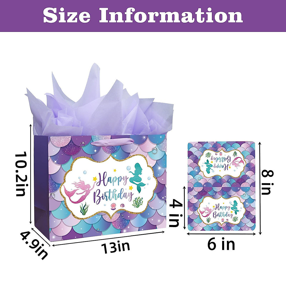 13" Large Mermaid Happy Birthday Gift Bag with Handle, Tissue Paper and Card for Kids Girls