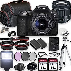Canon EOS 90D DSLR Camera w/EF-S 18-55mm f/4-5.6 is STM Lens + 2X 64GB Memory + Case + Filters + Tripod + More (35pc Bundle)
