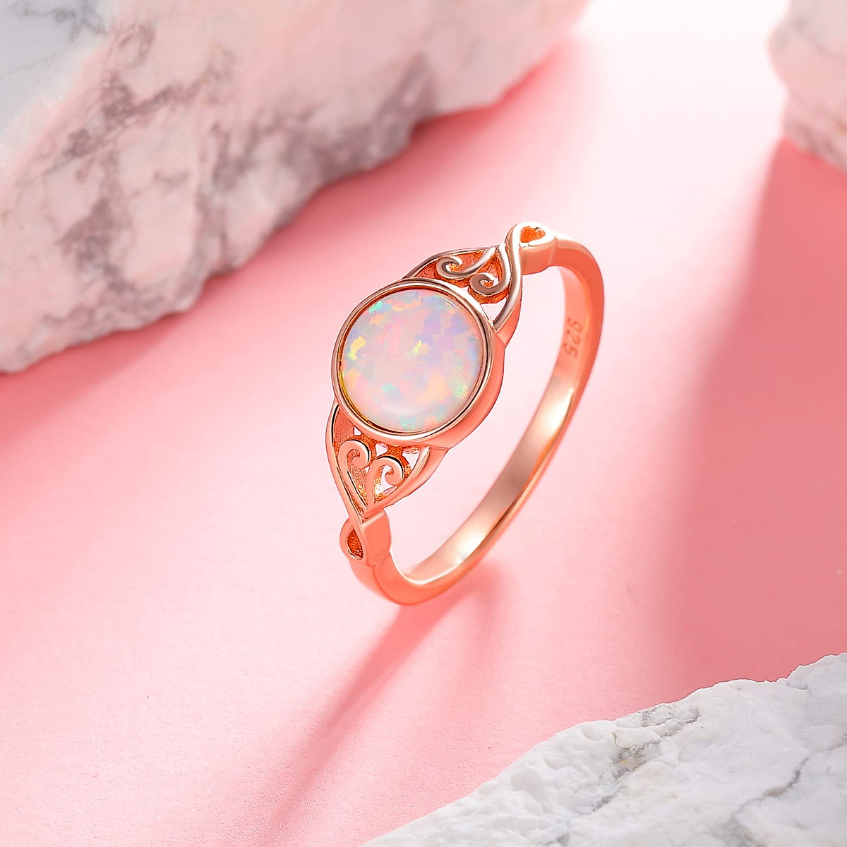 Gemsme 925 Sterling Silver Ring for Women 14K Rose Gold Plated 6MM Round Cut Created Opal White Opal Band Rings Engagement Promise Ring Jewelry Size 5
