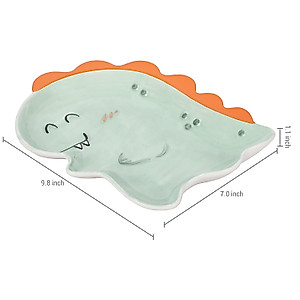 MyGift Fun Adorable Dinosaur Shaped Ceramic Plate, Cute Turquoise Cartoon Stegosaurus with Orange Spine, Small Serving Happy Dino Platter Snack Tray