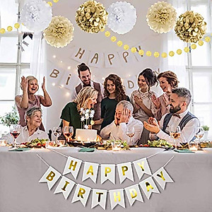 ANSOMO Gold Happy Birthday Party Decorations Banner Balloons Foil Fringe Curtains - Gold & White