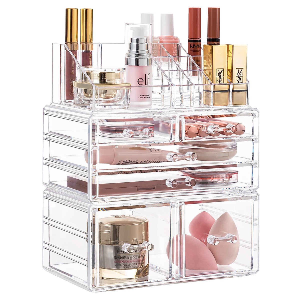 HBlife Acrylic Clear Dustproof Makeup Storage Organizer Drawers Large Skin Care Cosmetic Display Cases for Bathroom Stackable Storage Box with 6 Drawers for Vanity (Clear)
