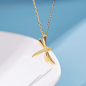 FANCIME 14K Real Solid Yellow Gold Necklace with Dragonfly Diamond Pendant Fine Jewelry Promise Anniversary Birthday Christmas Gifts for Her Women Adjustable Chain 16"+2"